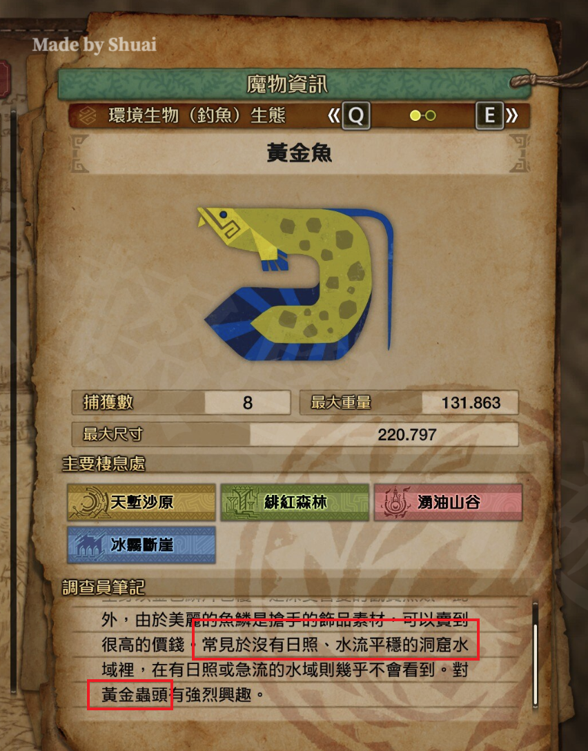 《魔物獵人荒野》卡妮亞釣魚任務 | 黃金魚 | 帶卵弓鰭魚 | 瑰麗盾牌石螺 | 台大輟學打遊戲 | 圖文網站